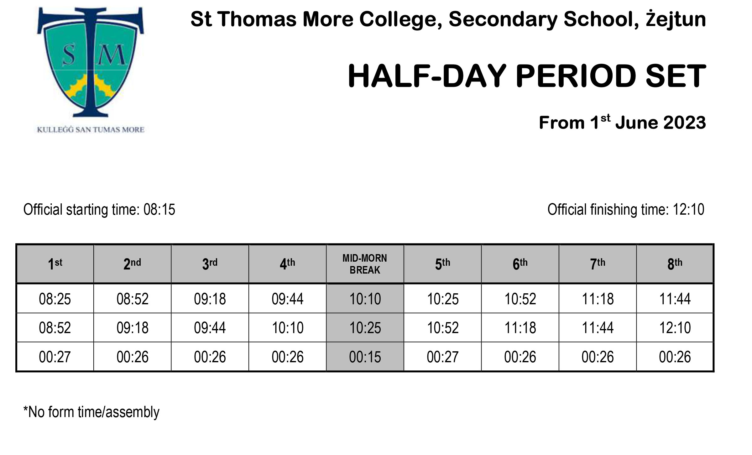 Timetable – Half Days - St Thomas More College